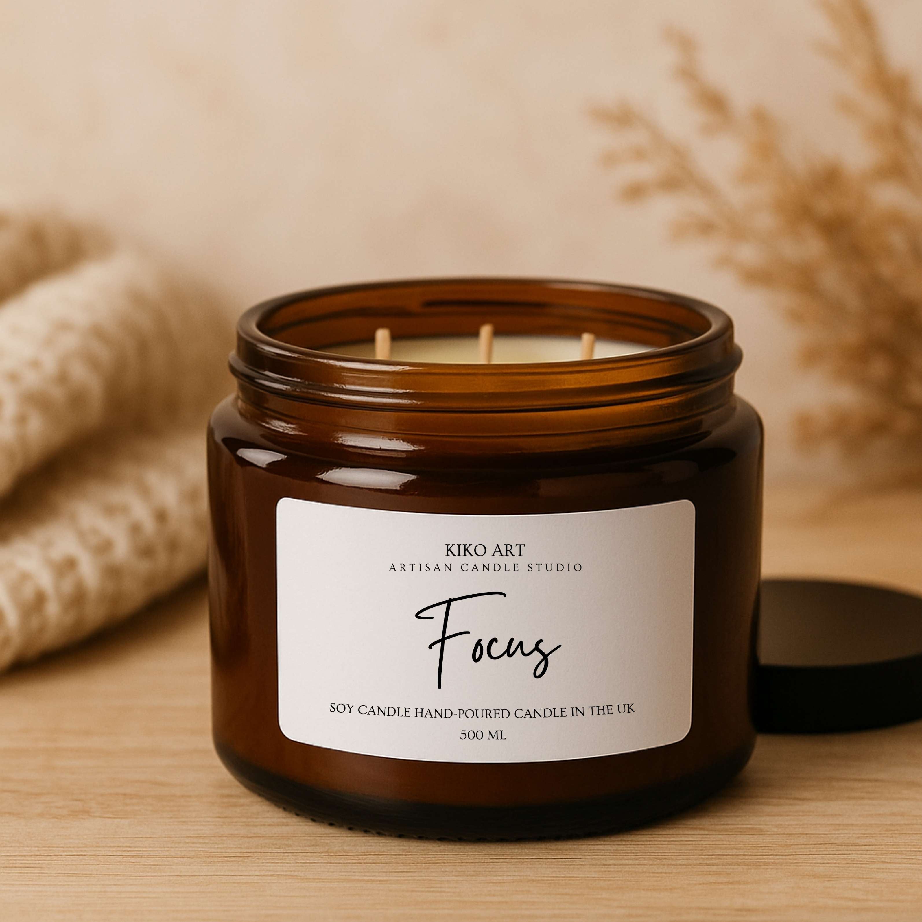 Focus 3-Wick Scented Candle 500ml | Essential Oil| 60hr Burn | UK Made ...